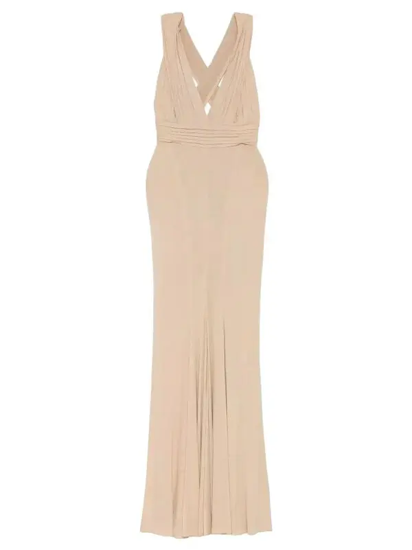 HERVE L. LEROUX Plunge-neck Ruched Gown - Neutrals