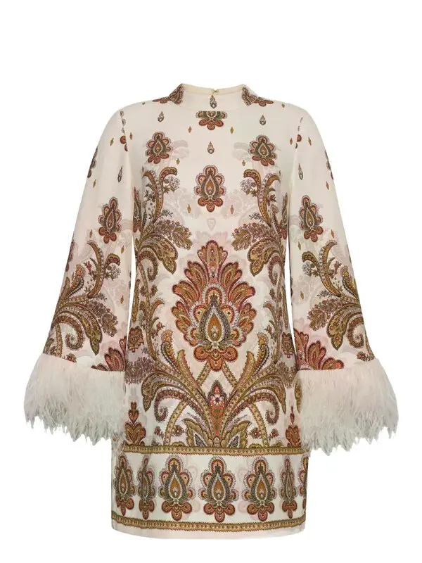 Cara Cara Vida Feather-trimmed Paisley-print Mini Dress - Neutrals
