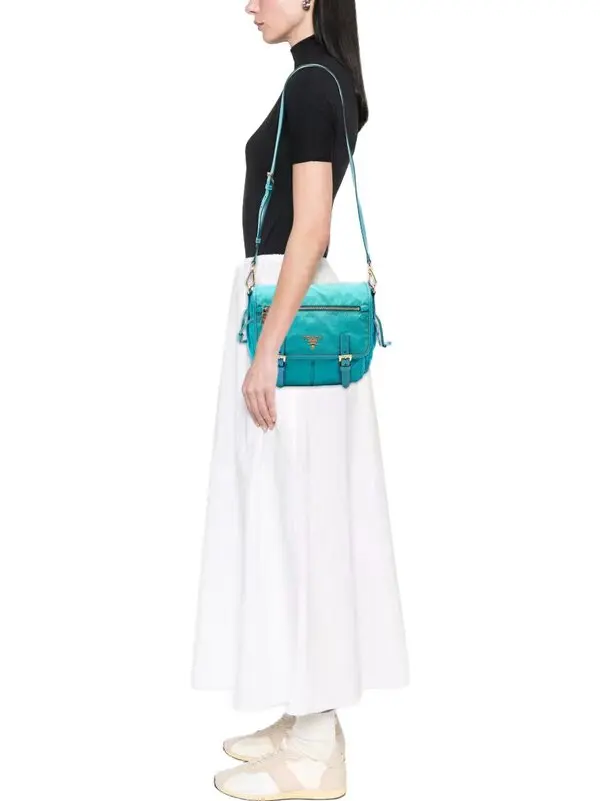 Prada Saffiano Trimmed Tessuto Zip Double Buckle Messenger Bag - Blue