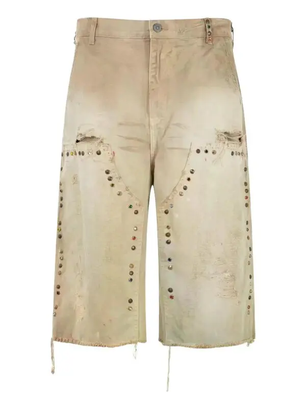 SATOSHI NAKAMOTO Danny's Carpenter Distressed Studded Shorts - Neutrals