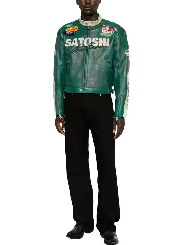SATOSHI NAKAMOTO Patch-detail Leather Jacket - Green
