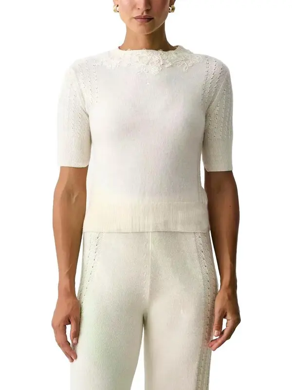 Ermanno Scervino Lace-trimmed Pointelle-knit Top - Neutrals