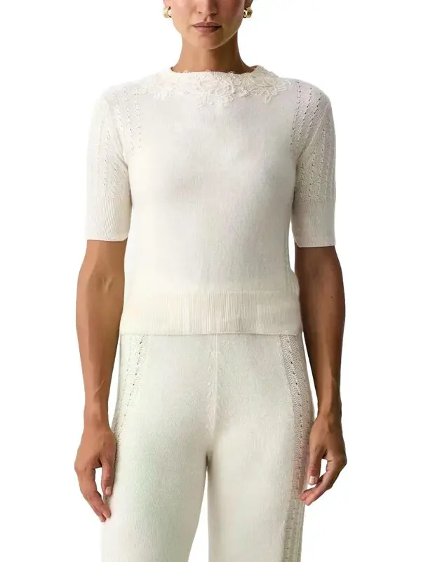 Ermanno Scervino Lace-trimmed Pointelle-knit T-shirt - Neutrals