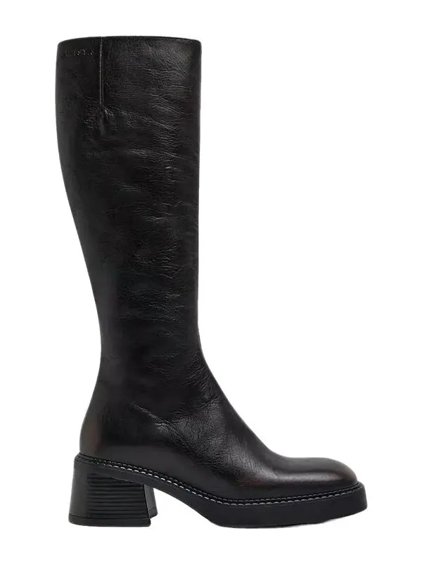 MIISTA Yumi Square-toe Leather Knee-high Boots - Black