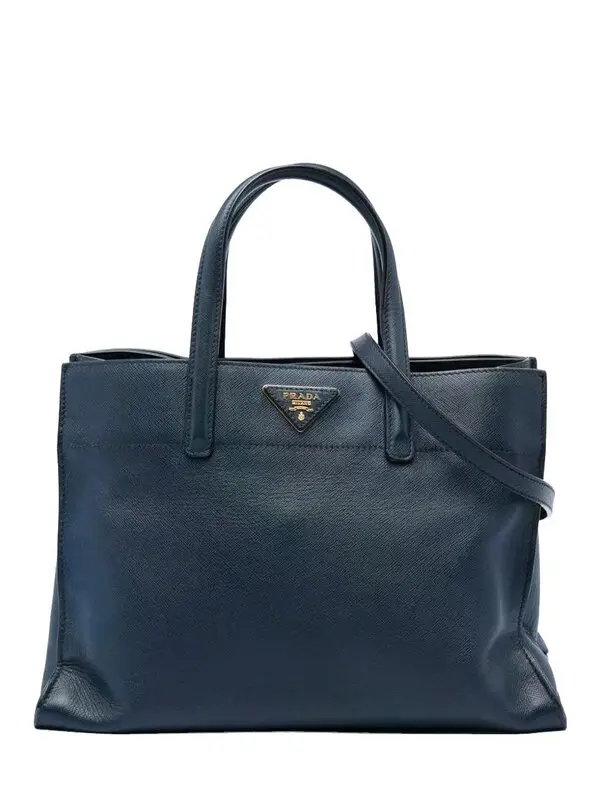 Prada Saffiano Soft Triple Pocket Tote Satchel - Blue