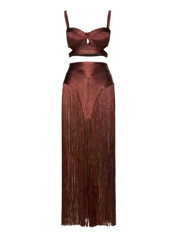 NORINA ST Fringe-detail Skirt And Top Set - Brown