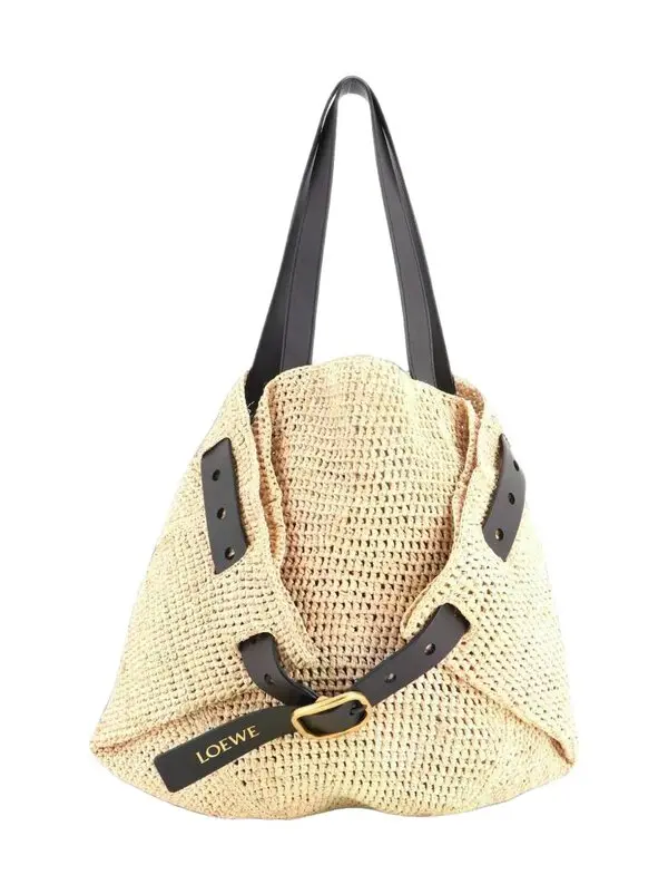 Loewe Punch Hole Raffia With Leather Medium Tote Bag - Neutrals