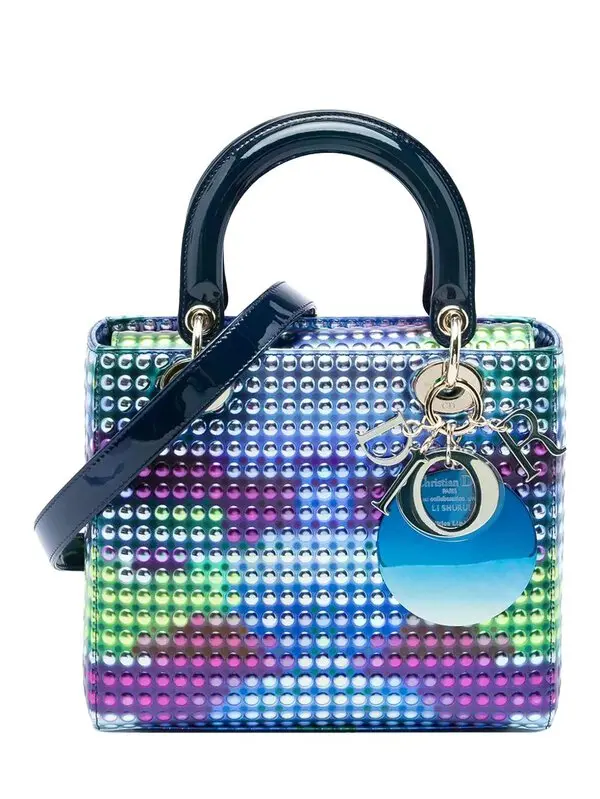 Dior 2018 Lady Art No 3 Edition Li Shurui Calfskin Printed And Studded Satchel - Blue