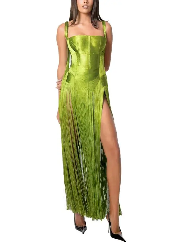 NORINA ST Emerald Fringe-trim Maxi Dress - Green