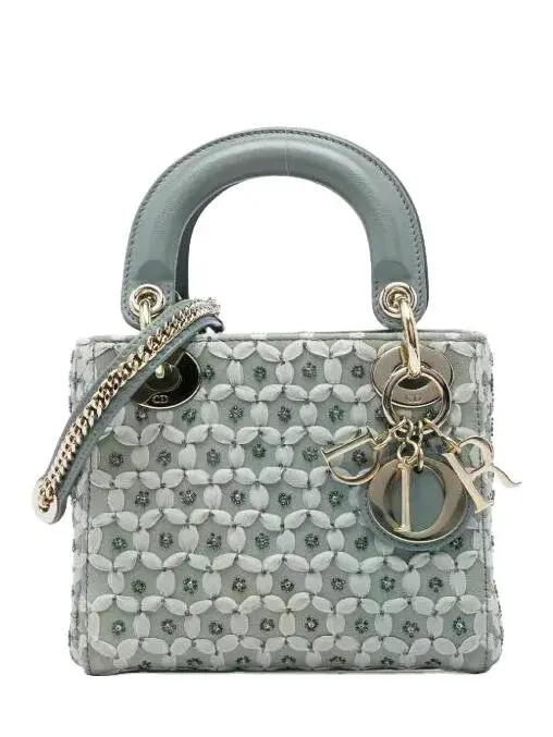 Dior Mini Suede Stone And Beads Lady Satchel - Grey