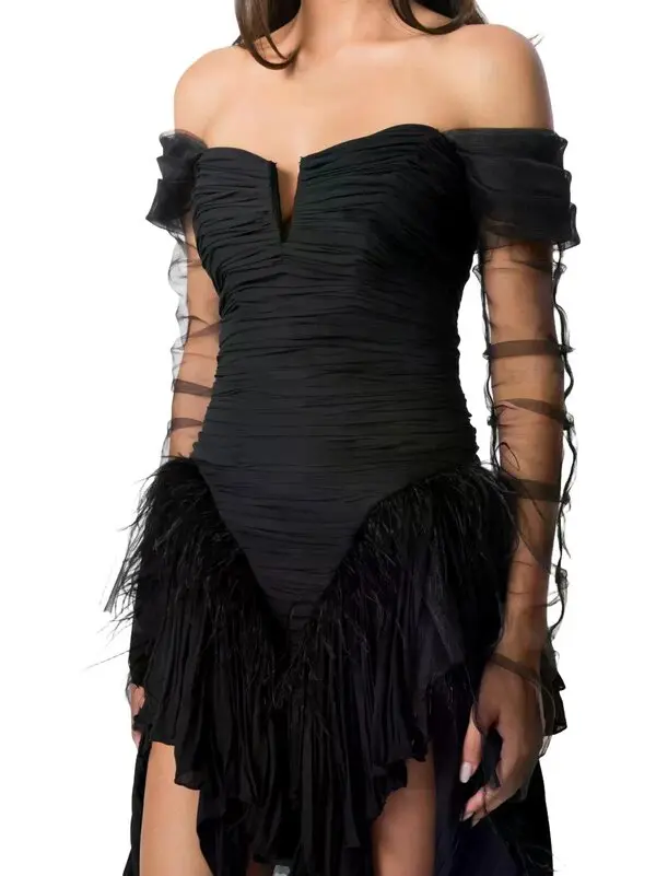 NORINA ST Diada Feather-trim Asymmetric Dress - Black