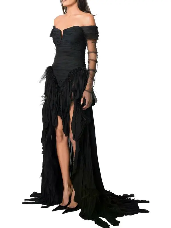 NORINA ST Diada Feather-trim Asymmetric Dress - Black