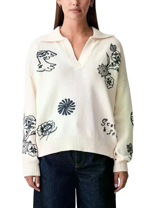 Scotch & Soda Royal Delft Floral-embroidered Polo-collar Sweater - White