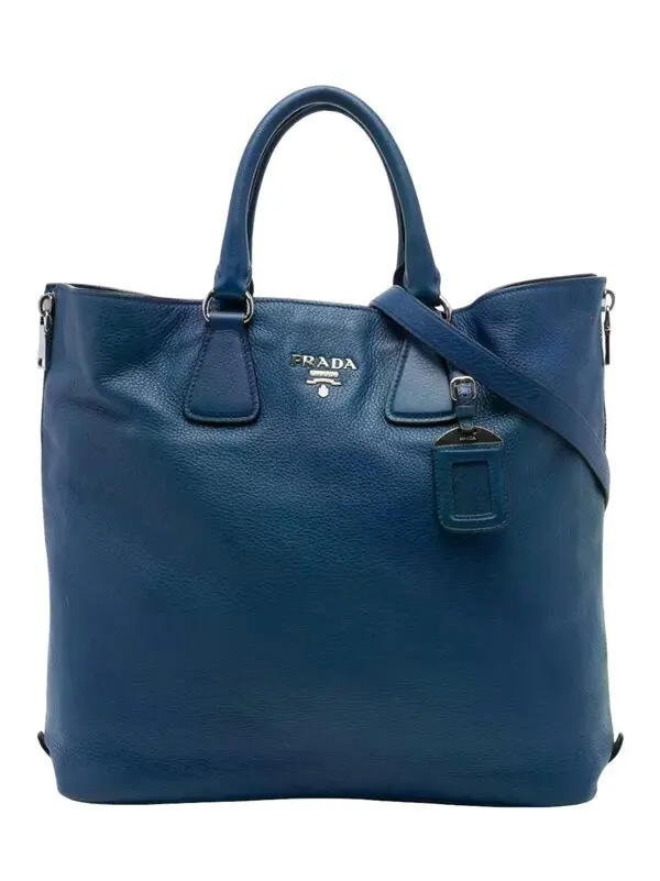 Prada Vitello Daino Side Zip Open Convertible Tote Satchel - Blue