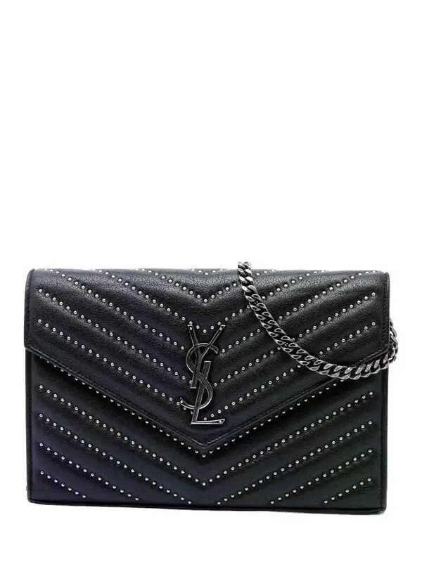 Saint Laurent Chevron Studded Sheepskin Monogram Envelope Chain Wallet Cross Body Bag - Black