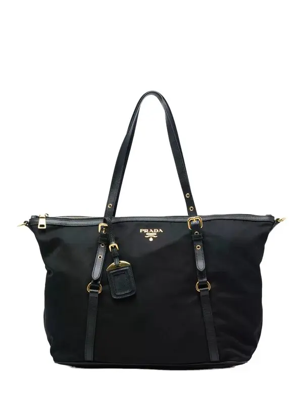 Prada Saffiano Trimmed Tessuto Zip Top Convertible Tote Satchel - Black