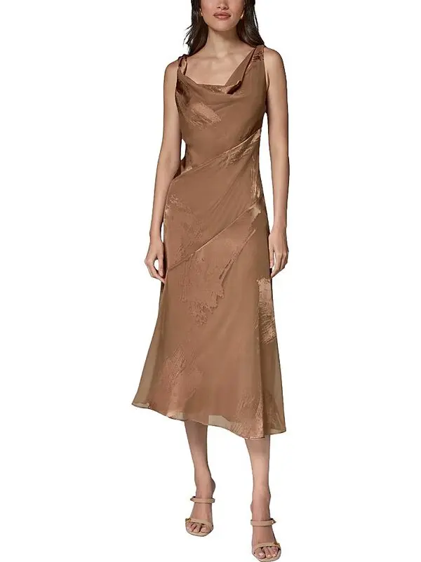 Donna Karan New York Satin Burnout Asymmetrical Neck Midi Dress - Camel
