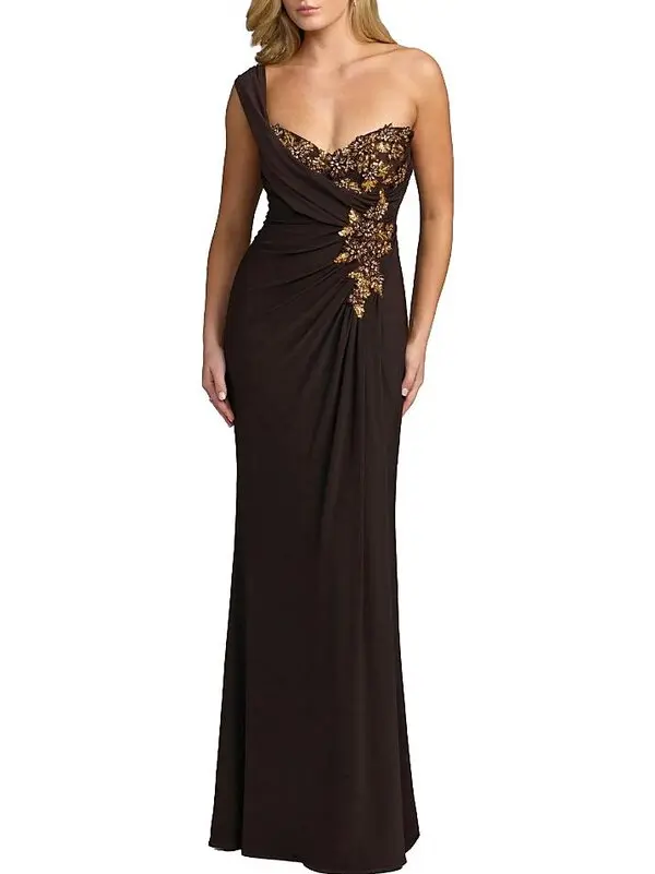 Mac Duggal One Shoulder Embellished Jersey Gown - Chocolate