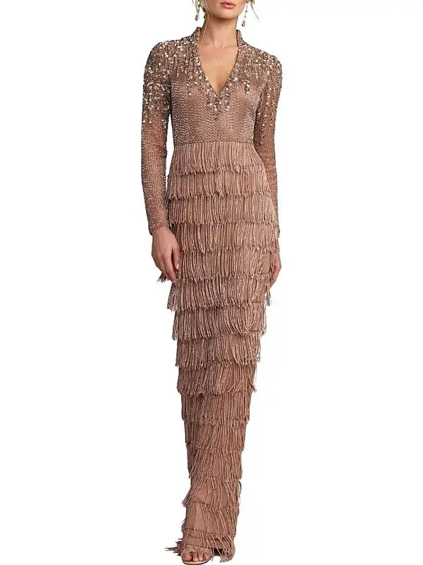 Mac Duggal Beaded Long Sleeve Fringe Column Gown - Mocha