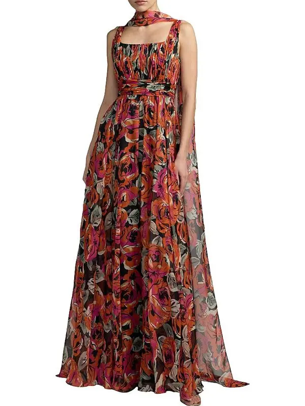 Mac Duggal Printed Chiffon Sleeveless A-line Gown With Scarf - Rose