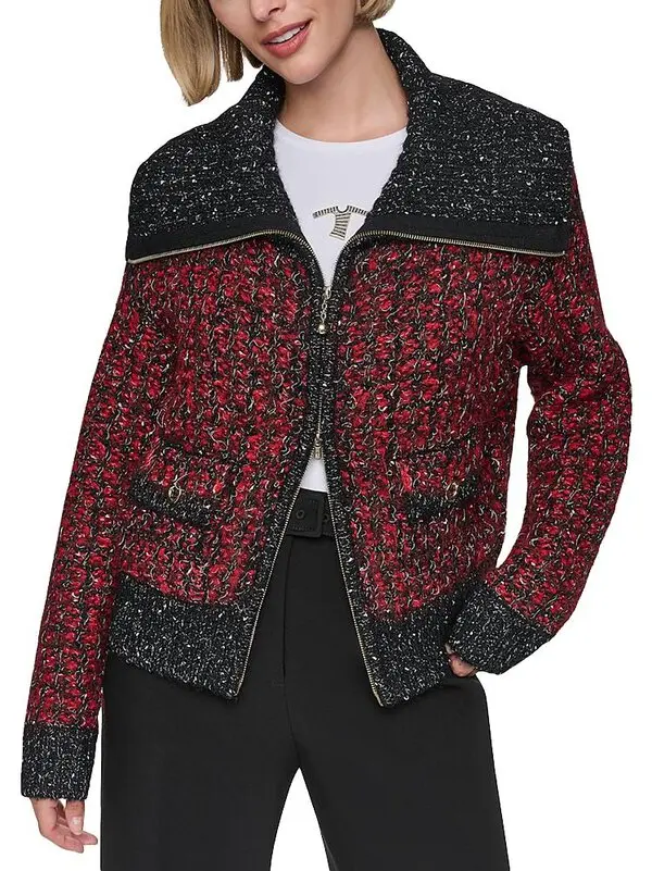 Sonia Rykiel Paris Tweed Zip Front Sweater Jacket - Maroon Multi