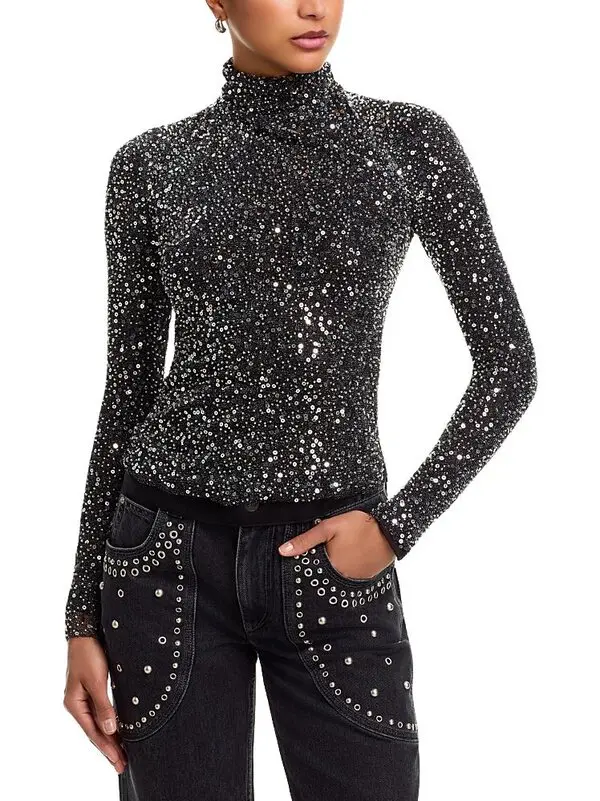 Isabel Marant Étoile Lou Sequin Embellished Mock Neck Long Sleeve Top - Silver