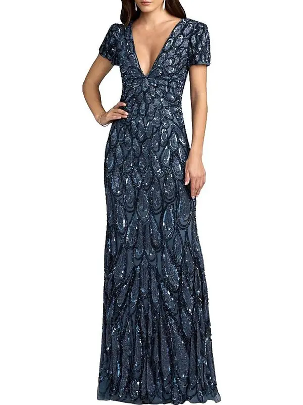 Mac Duggal Beaded Sequin V-neck Cap Sleeve Fitted Column Gown - Denim