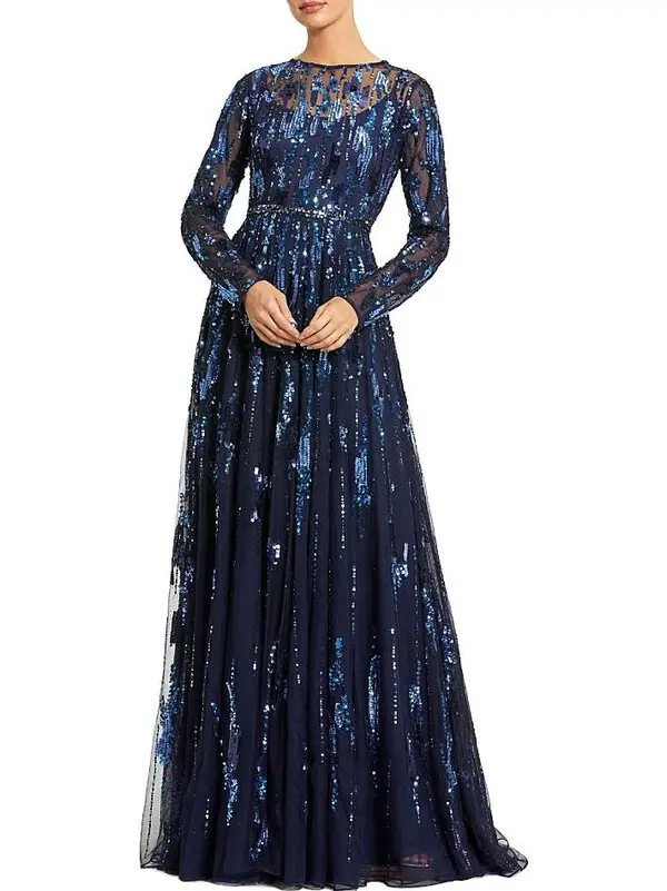 Mac Duggal Long Sleeve Sequin Embellished Gown - Midnight