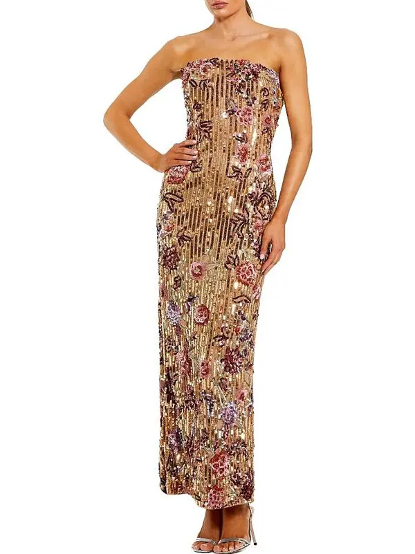 Mac Duggal Floral Embellished Strapless Column Dress - Gold Multi