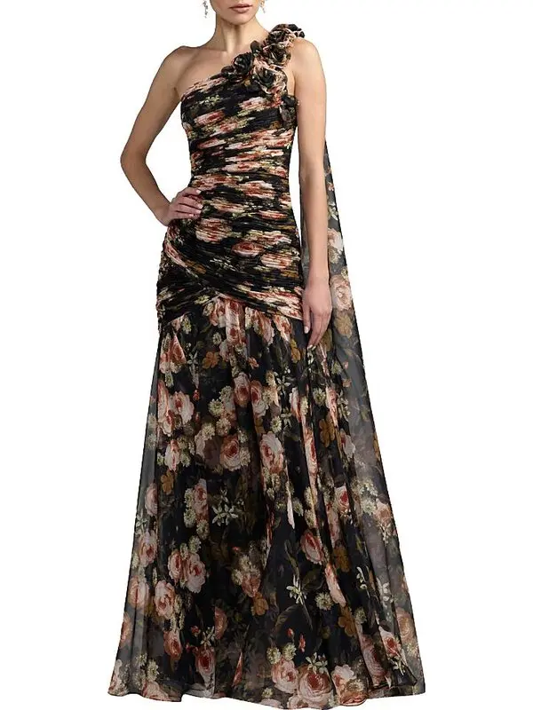 Mac Duggal One Shoulder Floral Printed Chiffon Gown - Black Multi