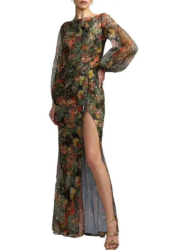 Mac Duggal Floral Sequined Puff Sleeve Gown - Charcoal Multi