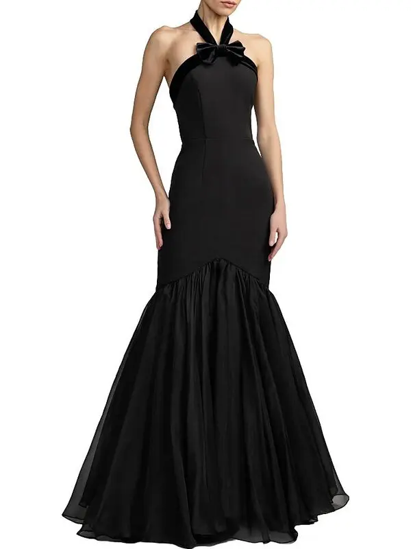 Mac Duggal Halter Mermaid Gown With Bow - Black