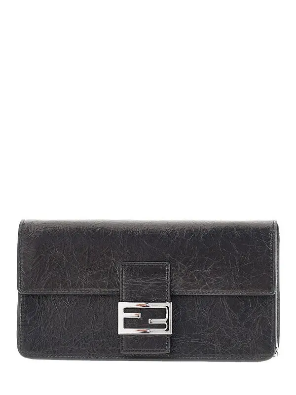Fendi Craquelé-effect Leather Baguette Clutch With Double Strap - Black