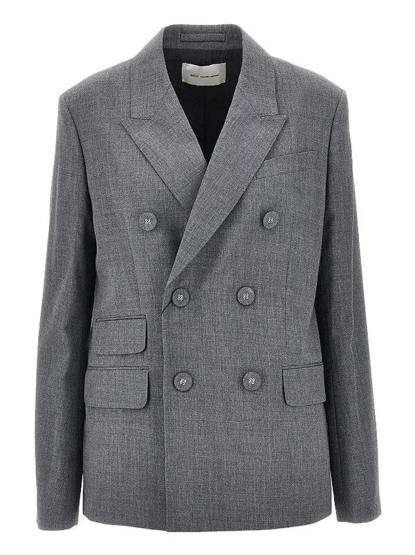 AMI Paris Double-breasted Virgin Wool Blazer With Belt - Grey