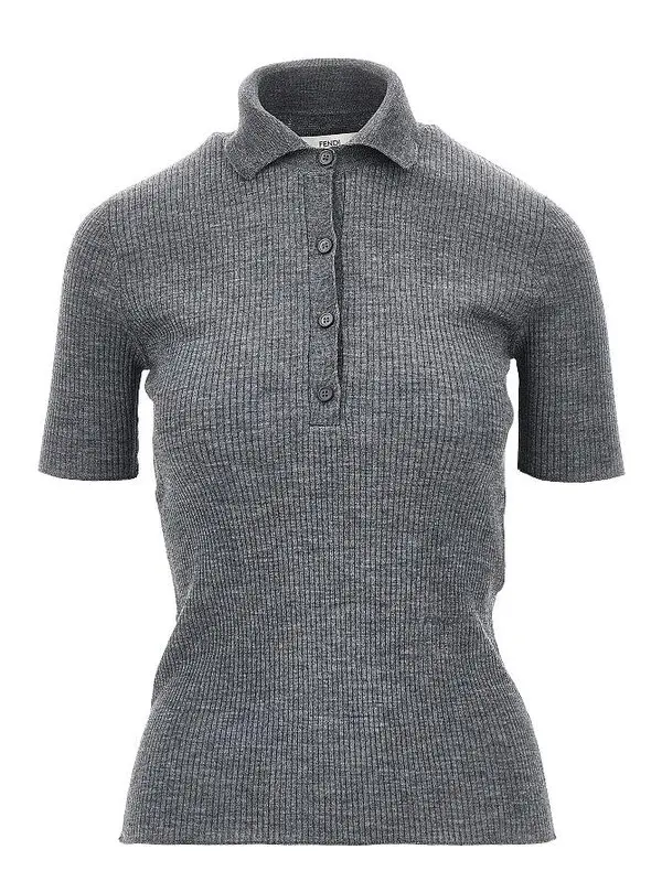 Fendi Ribbed Knit Polo Shirt - Grey