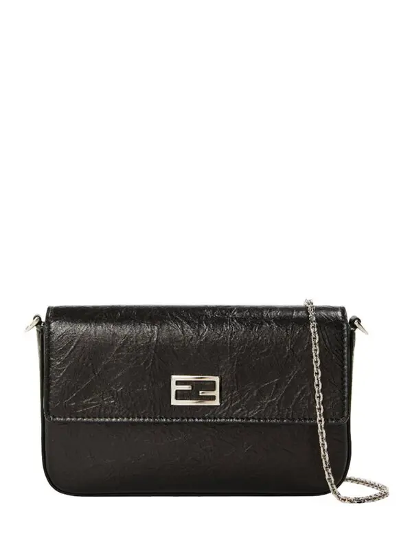 Fendi Crinkled Leather Chain Shoulder Bag - Black