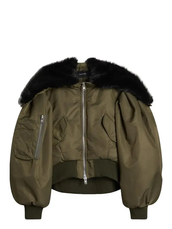 Simone Rocha Cropped Split Faux Fur Hood Bomber Jacket - Khaki/black