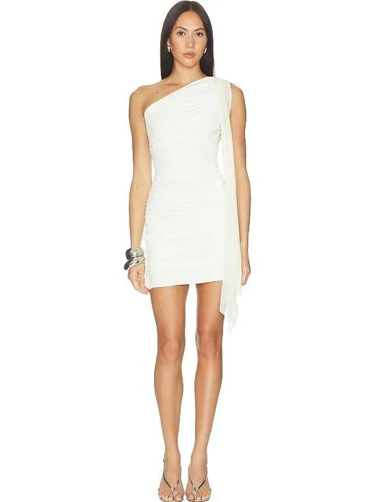MIMCHIK One Shoulder Chiffon Tie Mini Dress - Vanilla