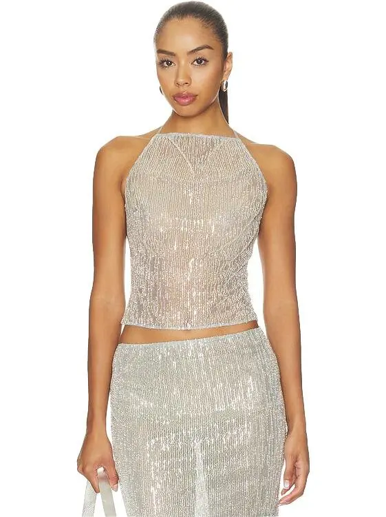 THE NEW ARRIVALS ILKYAZ OZEL Metallic Sequin Embellished Halter Neck Crop Top - Wet