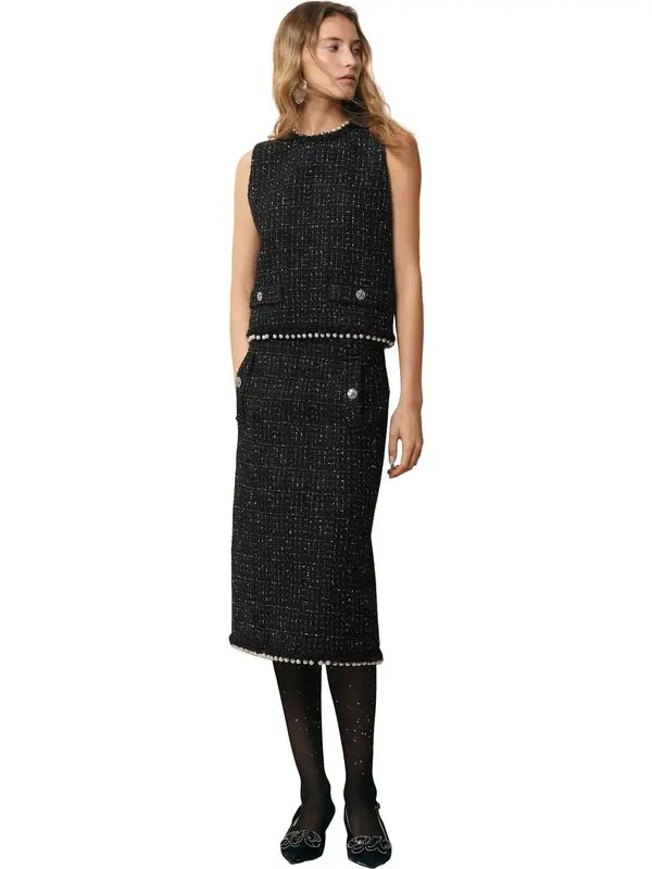 Fabrique Catherine Pearl Embellished Tweed Vest - Black