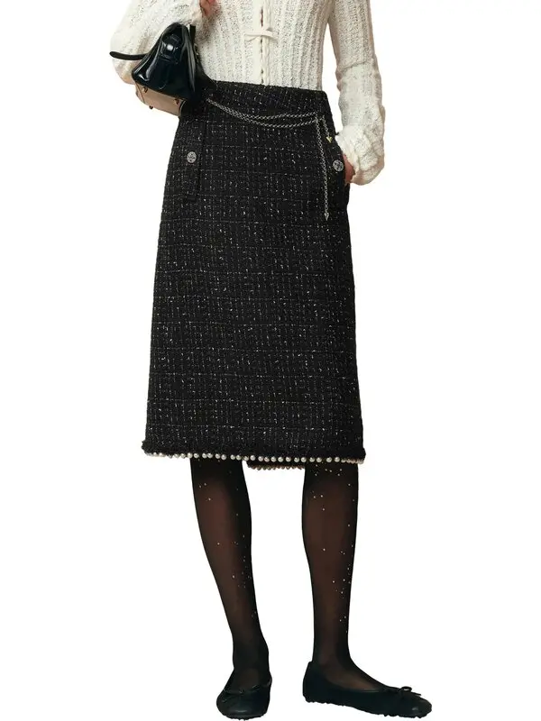 Fabrique Catherine Pearl Embellished Tweed Straight Skirt - Black