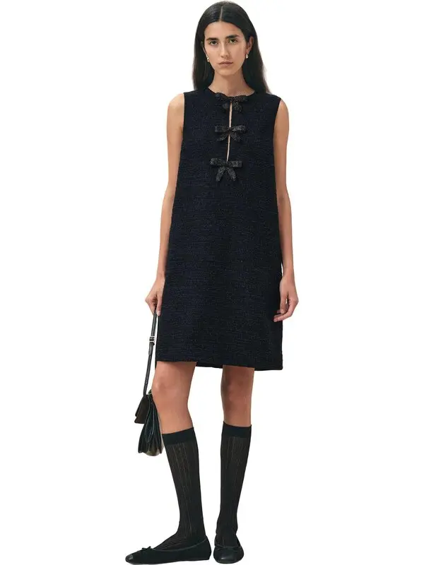Fabrique Rosalind Beaded Bow Dress In Tweed - Black