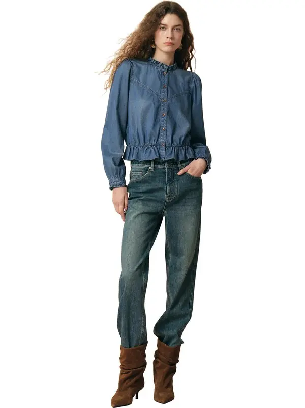 Fabrique Laura Ruffle Trim Denim Shirt - Blue