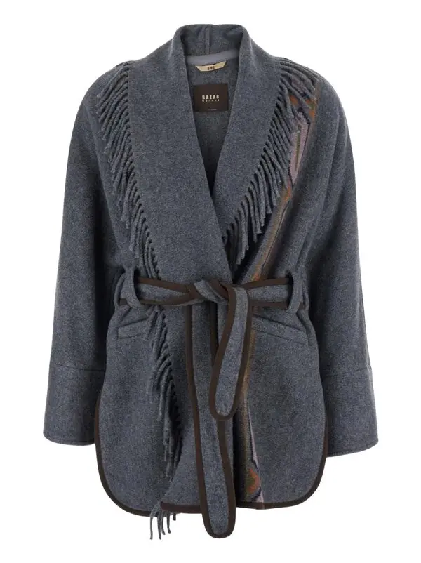 BAZAR DELUXE Navajo Belted Fringe Coat - Grey