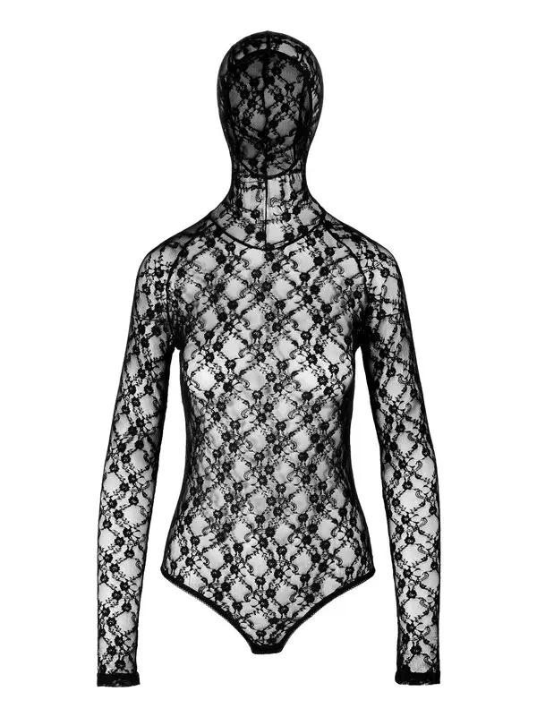 IOANA CIOLACU Brody Sheer Lace Hooded Bodysuit - Black