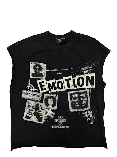 Mixed Emotion Newspaper Sleeveless Tee Shirt - Black