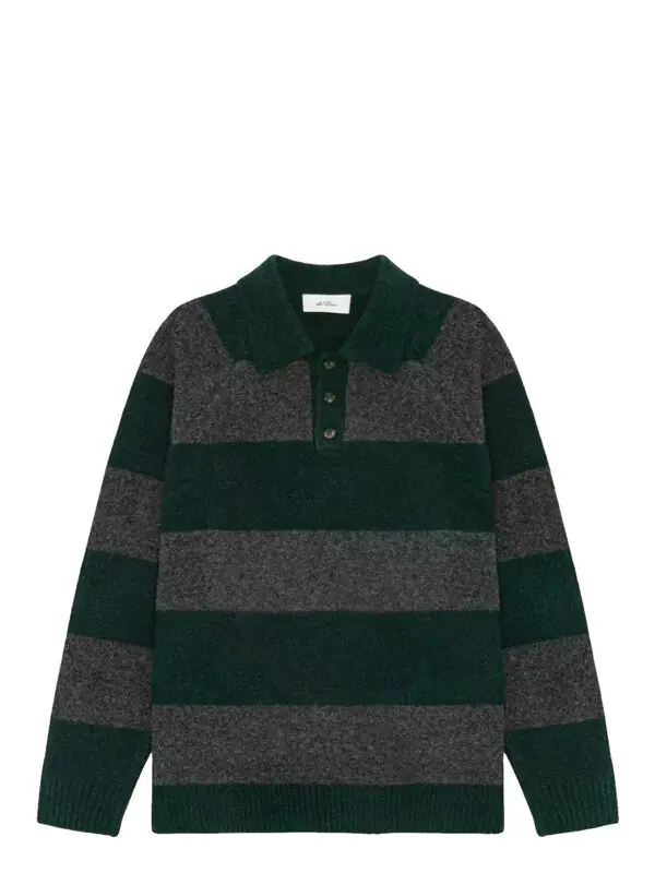 LES DEUX Striped Knitted Polo Sweater - Green