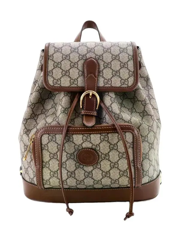 Gucci Interlocking G Patch Drawstring Flap Gg Coated Canvas Backpack - Brown