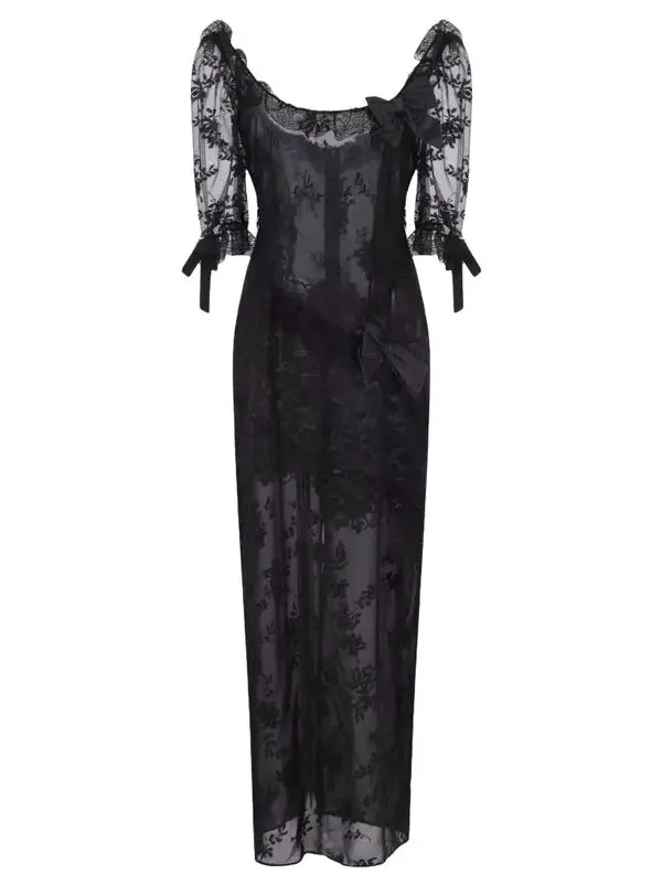 Alessandra Rich Maxi Chantilly Lace Bow-detail Lace-panelled Dress - Black