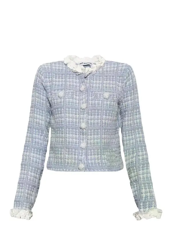 SELF-PORTRAIT Check Knit Beaded Jacket - Blue